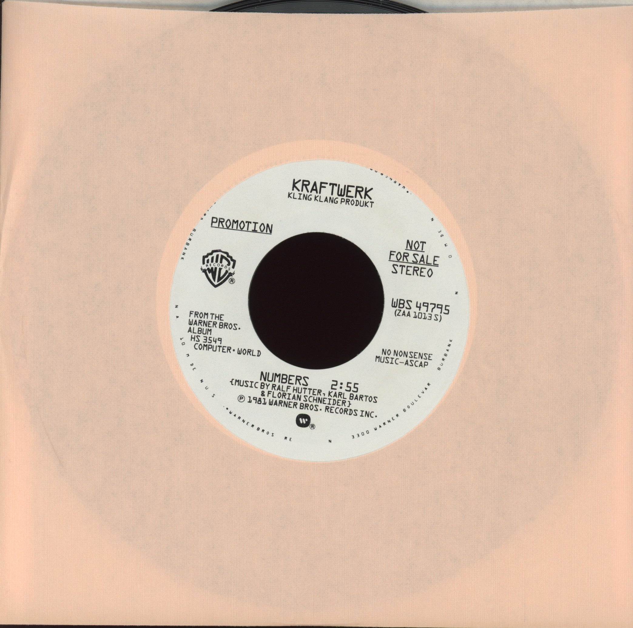 Kraftwerk - Numbers on Warner Bros. Promo 45