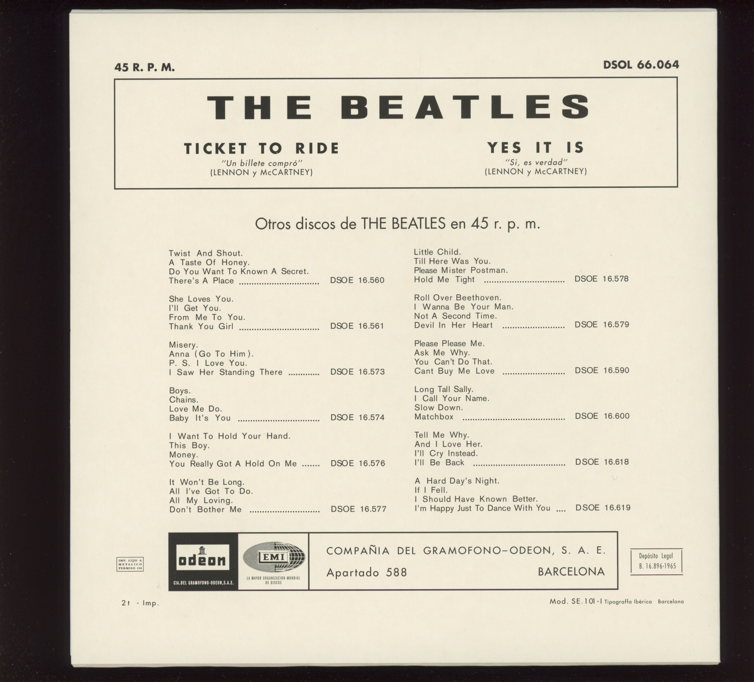 The Beatles - Ticket To Ride / Yes It Is on Odeon 7" Reissue With Pict